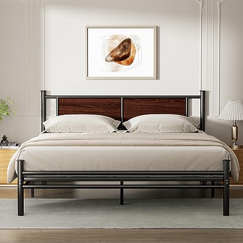HAOARA Queen Size Bed Frame with Rustic Wood Headboard, Metal Heavy Duty Platform Frame, Sturdy Steel Slat Support, No Box Spring Needed, Black