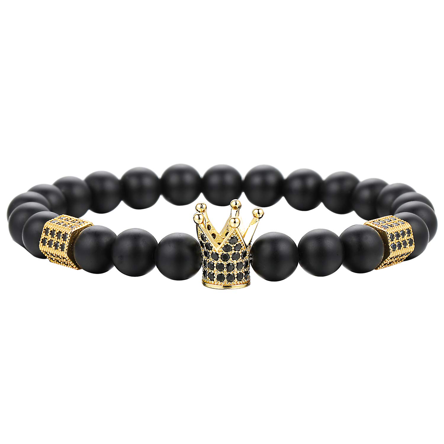 FUNEIA 2PCS 8mm Crown King Charm Beads Bracelet for Men Women Natural Black Matte Onyx Stone Beads, 7.5"