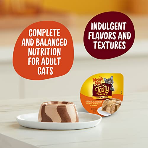 Meow Mix Tasty Layers Swirled Paté Cat Food, Chicken & Turkey Recipe in Sauce Stuffed With Real Chicken, 2.75 oz. Cup, 12ct