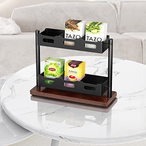 Tea Bag Organizer, 2 Tier Tea Bags Organizer Holdr Holds 50 Teabags, Solid Wood Vertical Tea Storage, Tea Rack for Tea Bags, Countertop, Black
