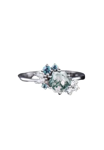Hexagon cut moss agate ring vintage green moss agate engagement ring rose gold unique cluster engagement ring diamond wedding ring for women (WHITE GOLD, 6)