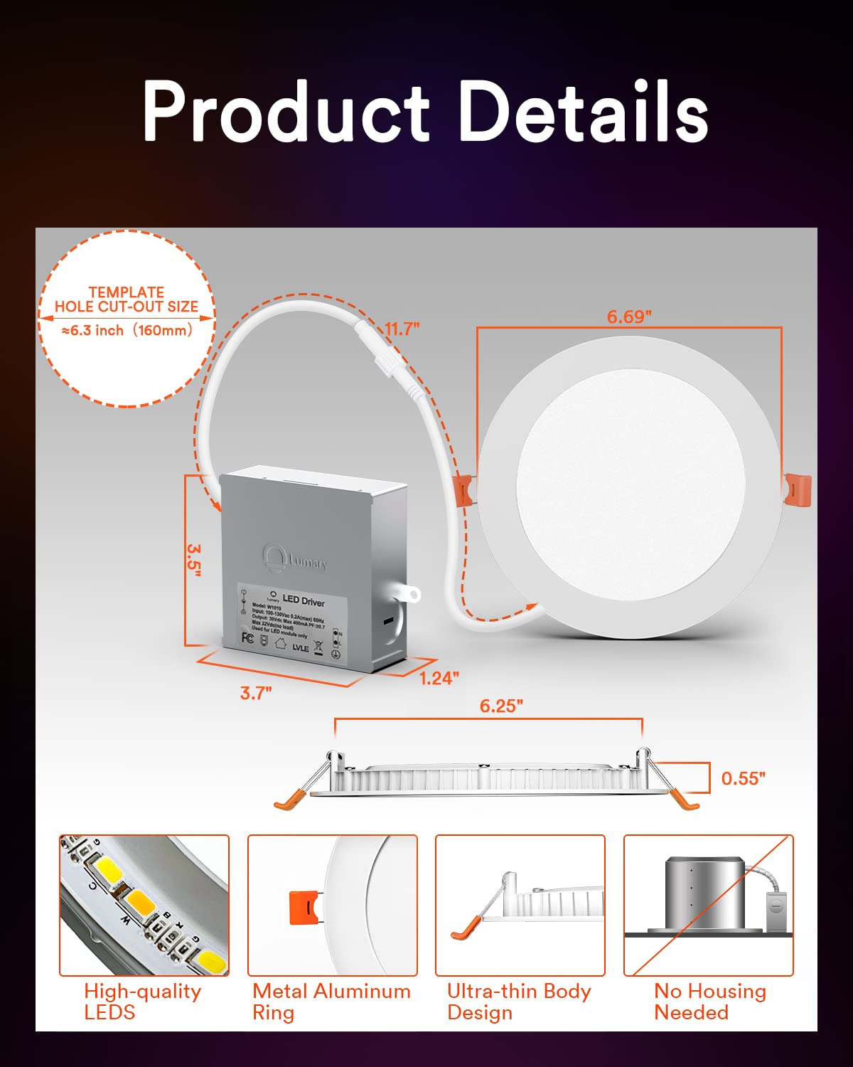 Lumary Smart Recessed Lighting 6 inch 13W 1100LM Ultra-Thin LED Recessed Lights with Junction Box Work with Alexa/Google Assistant(6 Inch-2PACK)