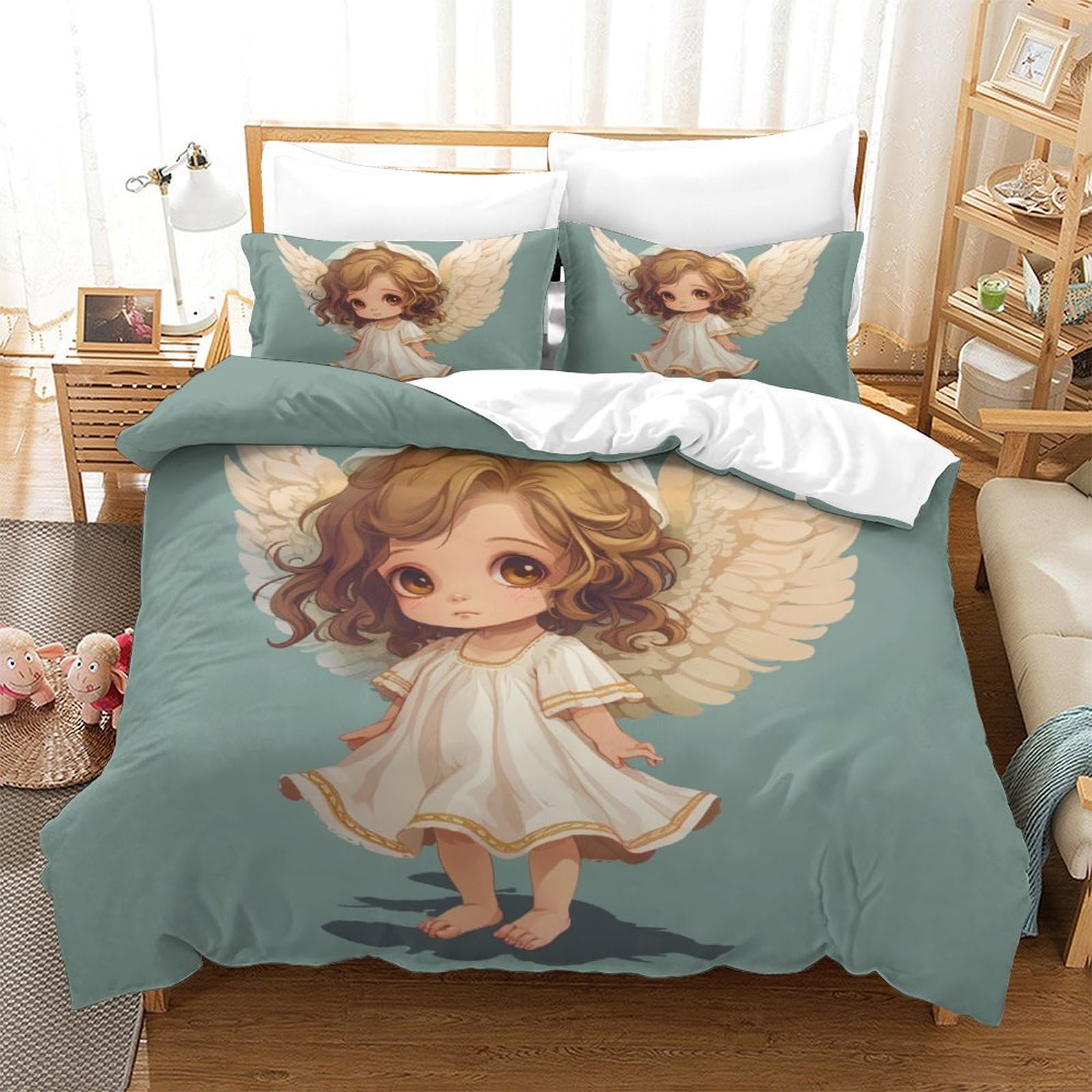 SorEci Angel with Wings Comforter Covers 3D Printed Cute Style Duvet Cover Quilt Cover Bedding Set Microfiber for Childrens and Adults with Pillowcases 3 Pieces with Zipper Closure Queen(228x228cm)