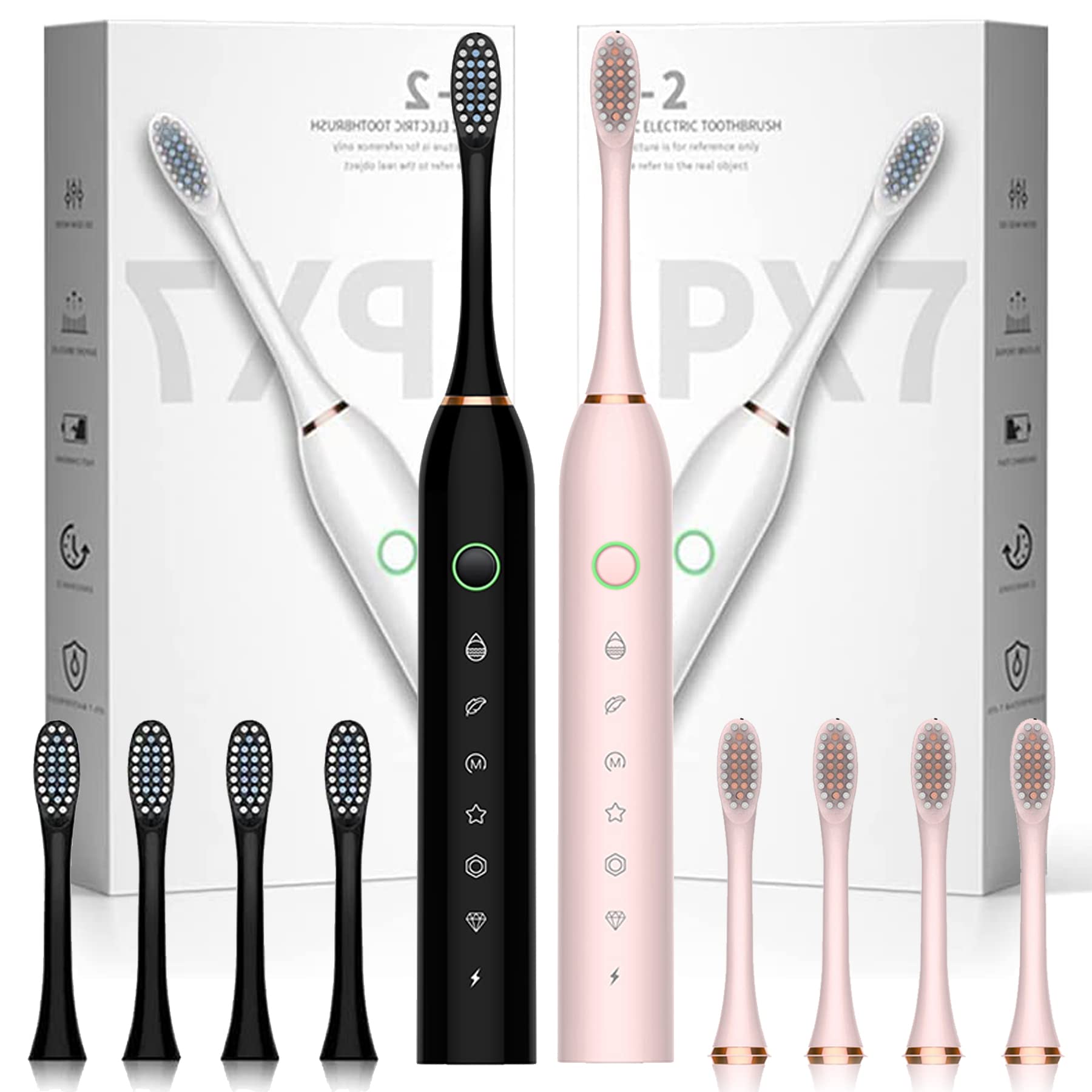KLiHDSM 2 Pack Electric Toothbrushes Sonic Toothbrush Whitening with 8 Brush Heads, 6 Cleaning Modes and Smart Timer, for Adults Rechargeable Waterproof Cleaning Toothbrushes Black+Pink