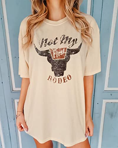 Oversized Rodeo T-Shirt for Women Not My First Rodeo Letter Printed Shirt Retro Western Country Cowboy Tee Tops (L, Apricot)
