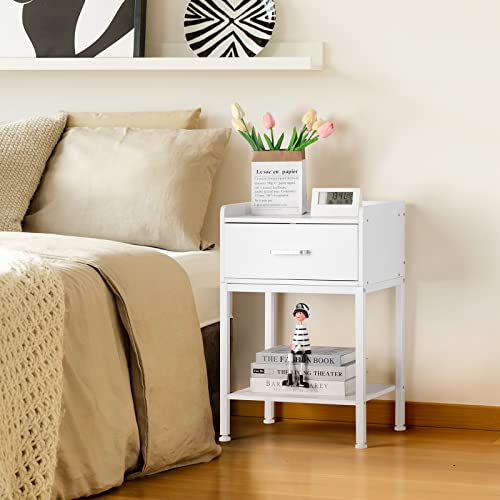 OYEAL White Nightstand, End Table with Charging Station 2-Tier Side Table with Drawer and Storage Shelf, Small Bedside Night Stand for Bedroom, Living Room, Easy Assembly, White