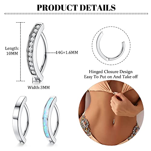 FIBO STEEL 3Pcs 14G Clicker Belly Button Ring for Women Surgical Steel CZ Opal Belly Rings Simple Reverse Navel Rings Belly Piercing Body Jewelry 10MM Silver