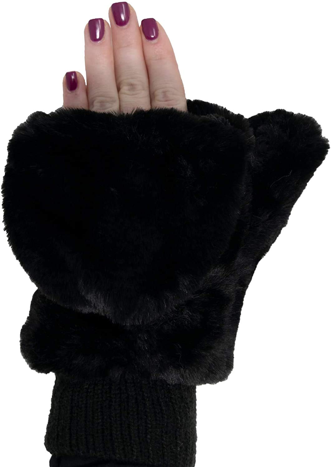 Funky Junque Mittens Women's Faux Fur Warm Fuzzy Soft Fingerless Gloves - Black