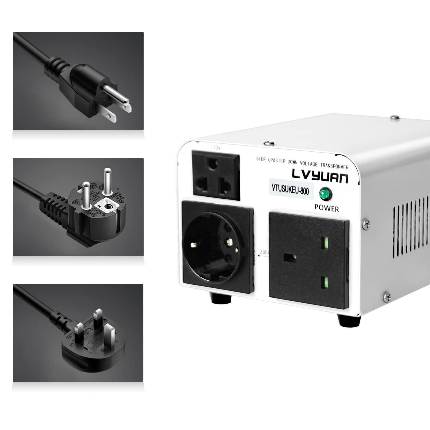 LVYUAN 800W Voltage Transformer Step Up 110V to 220V, Step Down 220V to 110V Voltage Converter with US, UK & European Power Cords