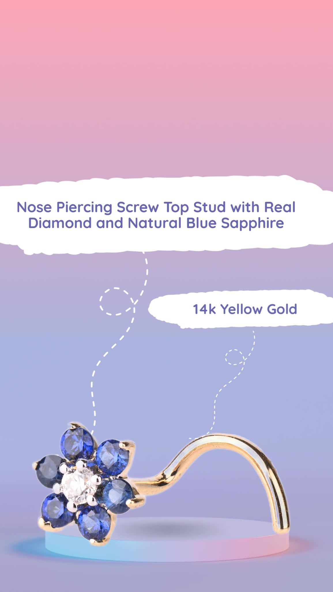 Demira Jewels 14K Yellow Gold Nose Piercing Wire Setting Stud with Real Diamond and Natural Blue Sapphire Flower β Elegant Wedding Nose Ring, Stunning Bridal Nose Jewelry.