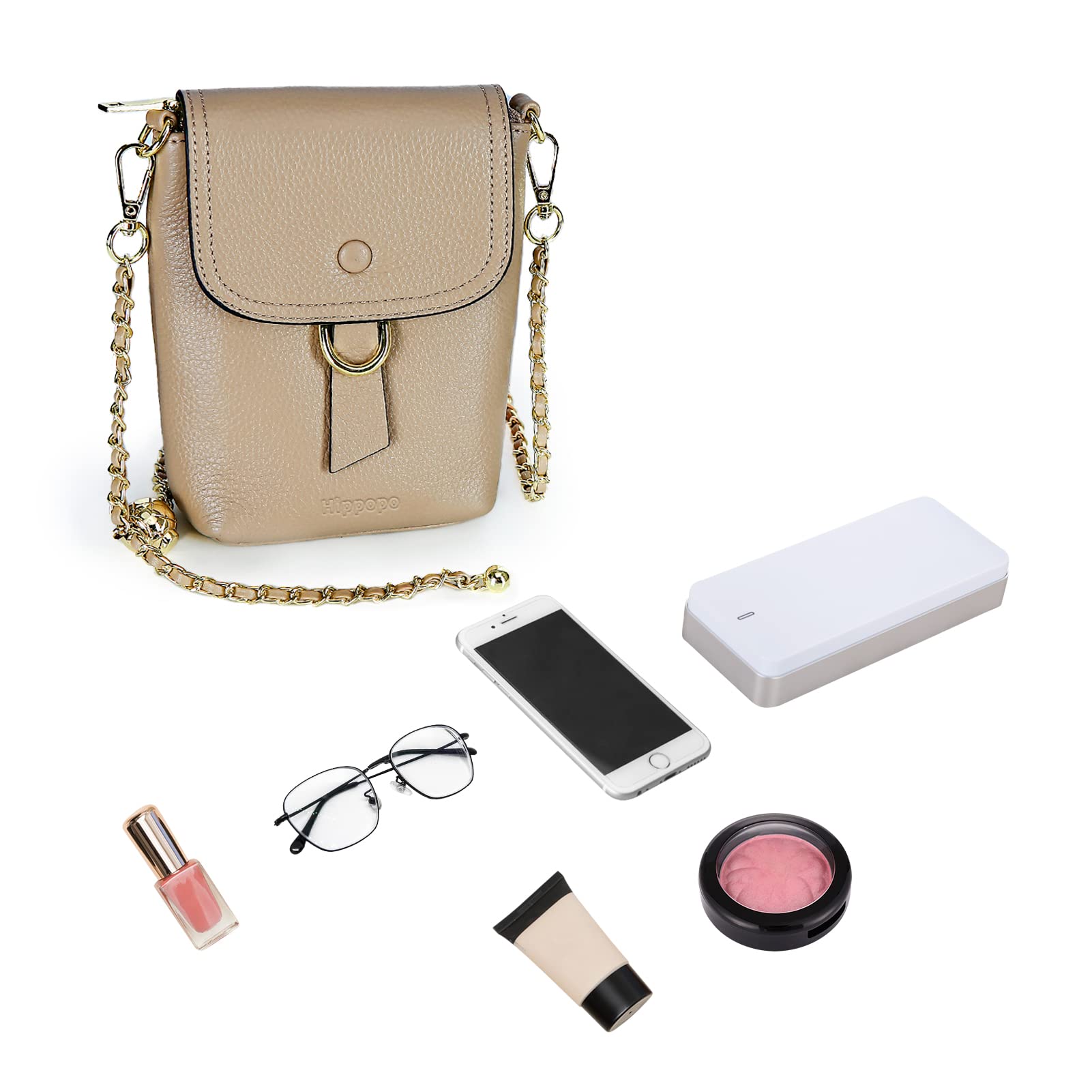 Hippopo Small Crossbody Phone Bag For Women Designer Fashion Soft Pebbled Real Leather Shoulder bag (Khaki)
