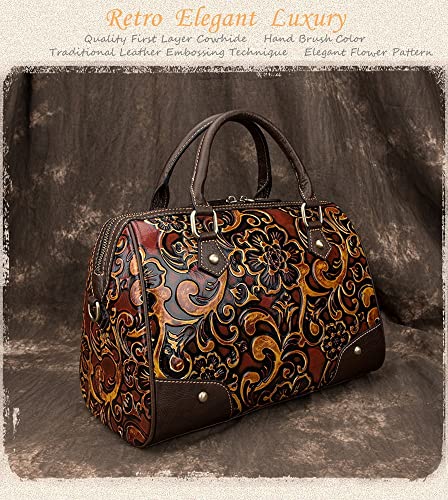 Genuine Leather Embossed Purses for Women, Retro Crossbody Handbag Satchels with Vintage Floral Design (wine red)