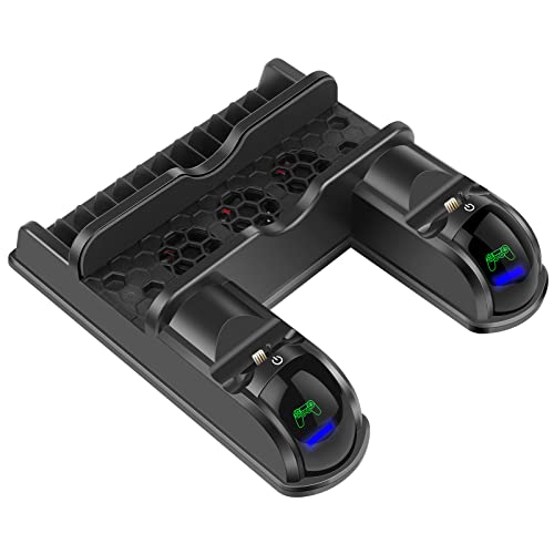 PS4 Stand Cooling Fan Station for Playstation 4/PS4 Slim/PS4 Pro, PS4 Vertical Stand with Dual Controller Port Charger Dock Station, 12 Game Slots, USB Fast Charging Station with LED Indicator