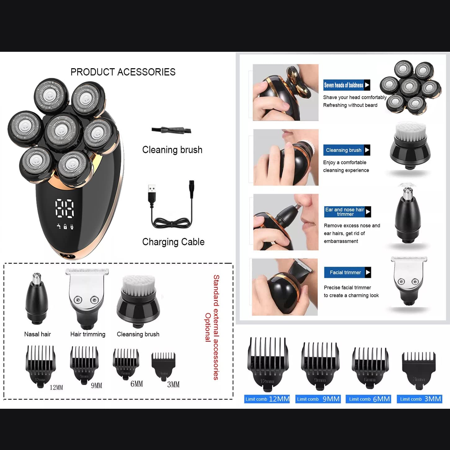 LXosff Electric Head Shaver for Bald Men, 5-in-1 Men's Electric Rotary Razor with 7D Floating Head, 100% Washable Wet & Dry Shaving with Grooming Kit, LED Display, USB Rechargeable Type-C Adapter.
