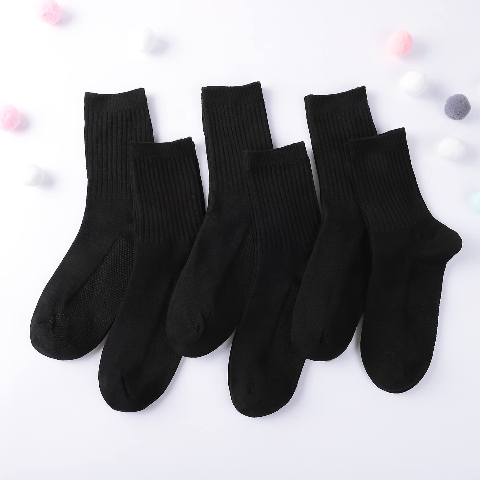 KEREDA Boys Girls Cushioned Crew Socks Athletic Training Socks for Active Kids 6 Pairs 7-10 Years Black