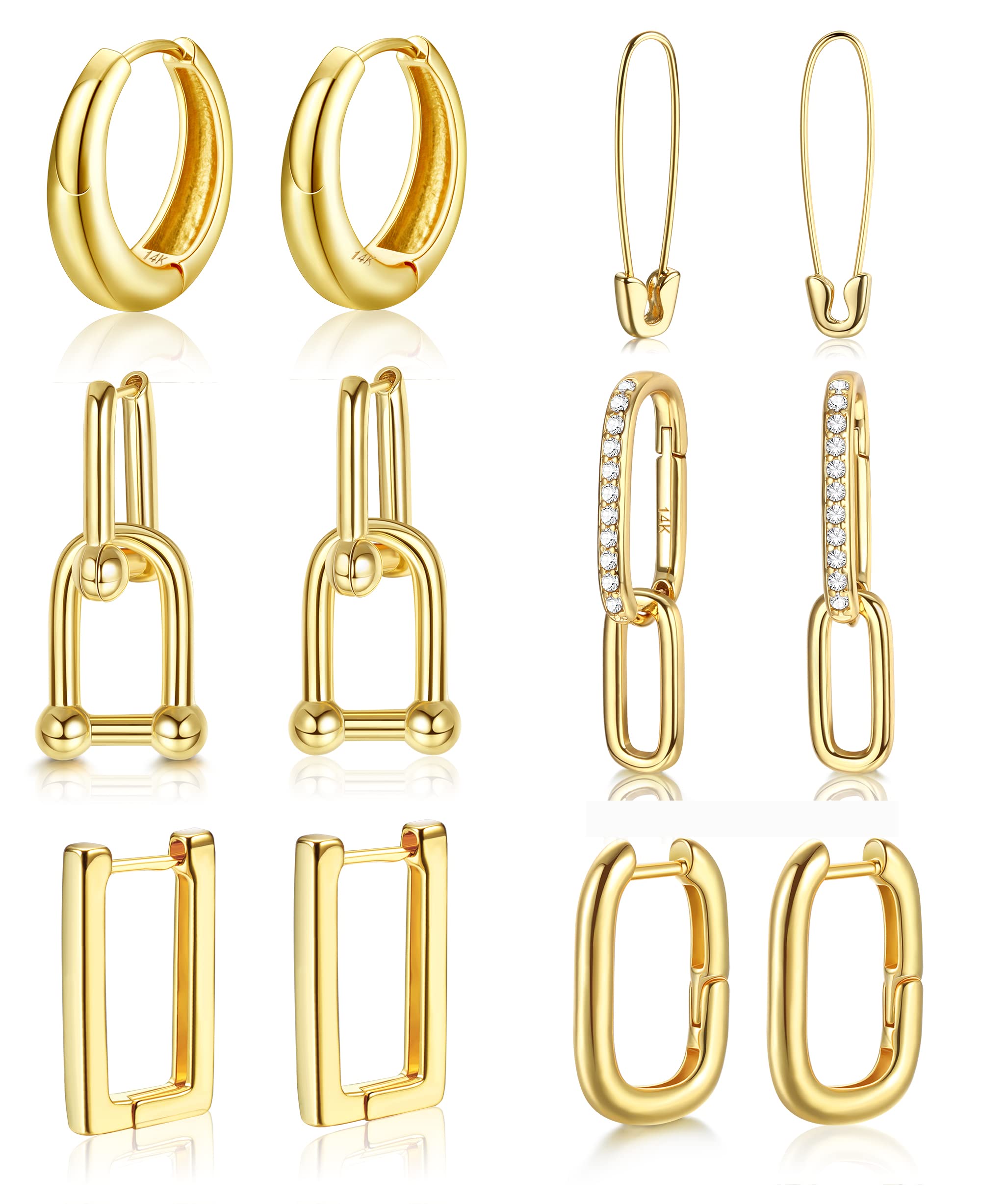 HAIAISO 6Paris Gold Earrings Set 14k Gold Plated Cubic Zircon Link Earrings Paperclip Link Chain Earrings U Shape Pin Huggie Hoop Earrings Drop Dangle Earrings Set for Women