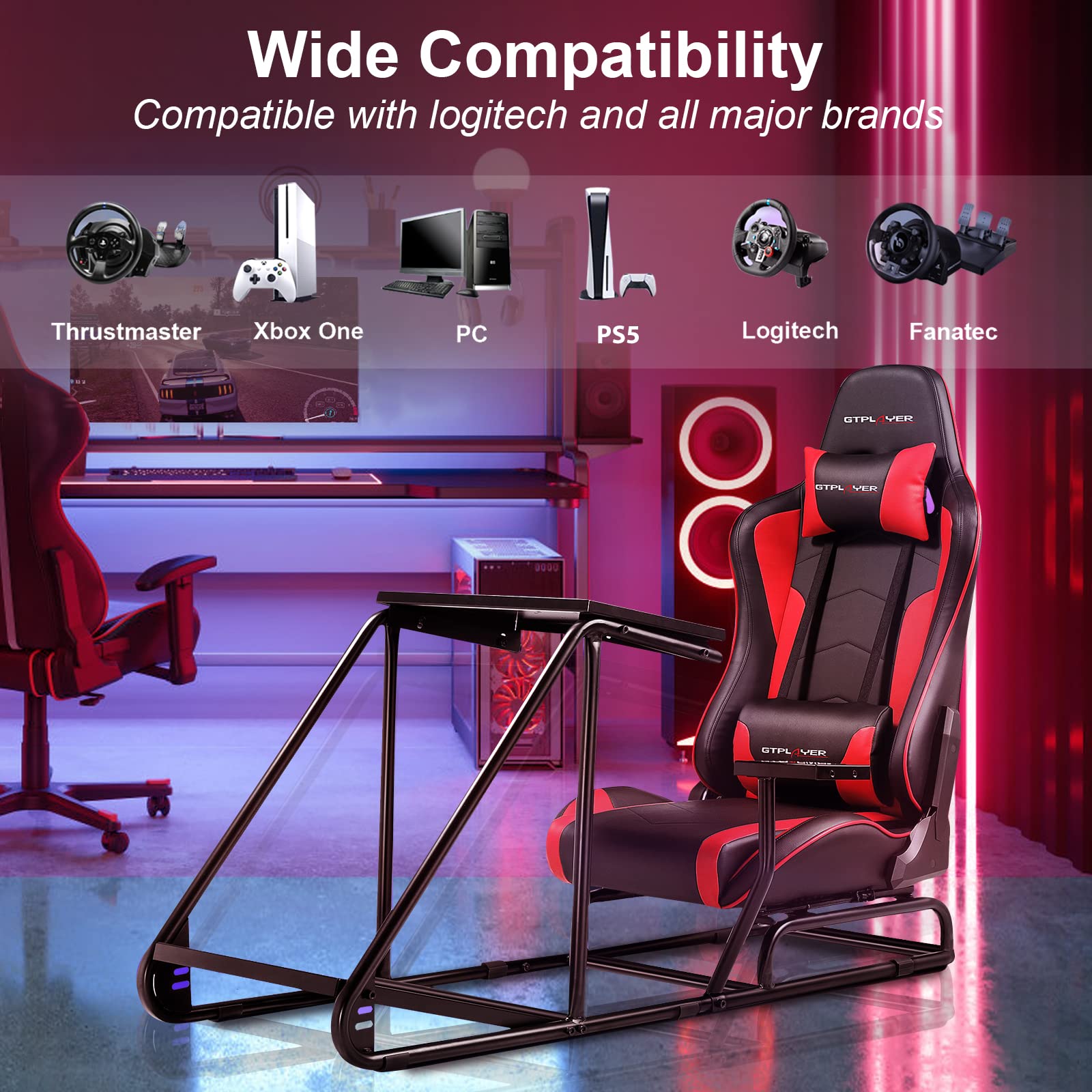 GTPLAYER Racing Simulator Cockpit with Gaming Chair and Bluetooth Speakers, Racing Style Reclining Seat and Sleigh Shape Alloy Steel Frame (Deepred)