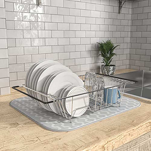 Simple Houseware Large Over Sink Counter Top Dish Drainer Drying Rack with Drying Mat and Utensil Holder, Chrome