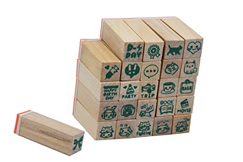 Wooden Rubber Stamps,Youkwer 25 Pcs Mini Cute DIY Diary Stamps Set with Wooden Box (Happy Life,Set of 25)