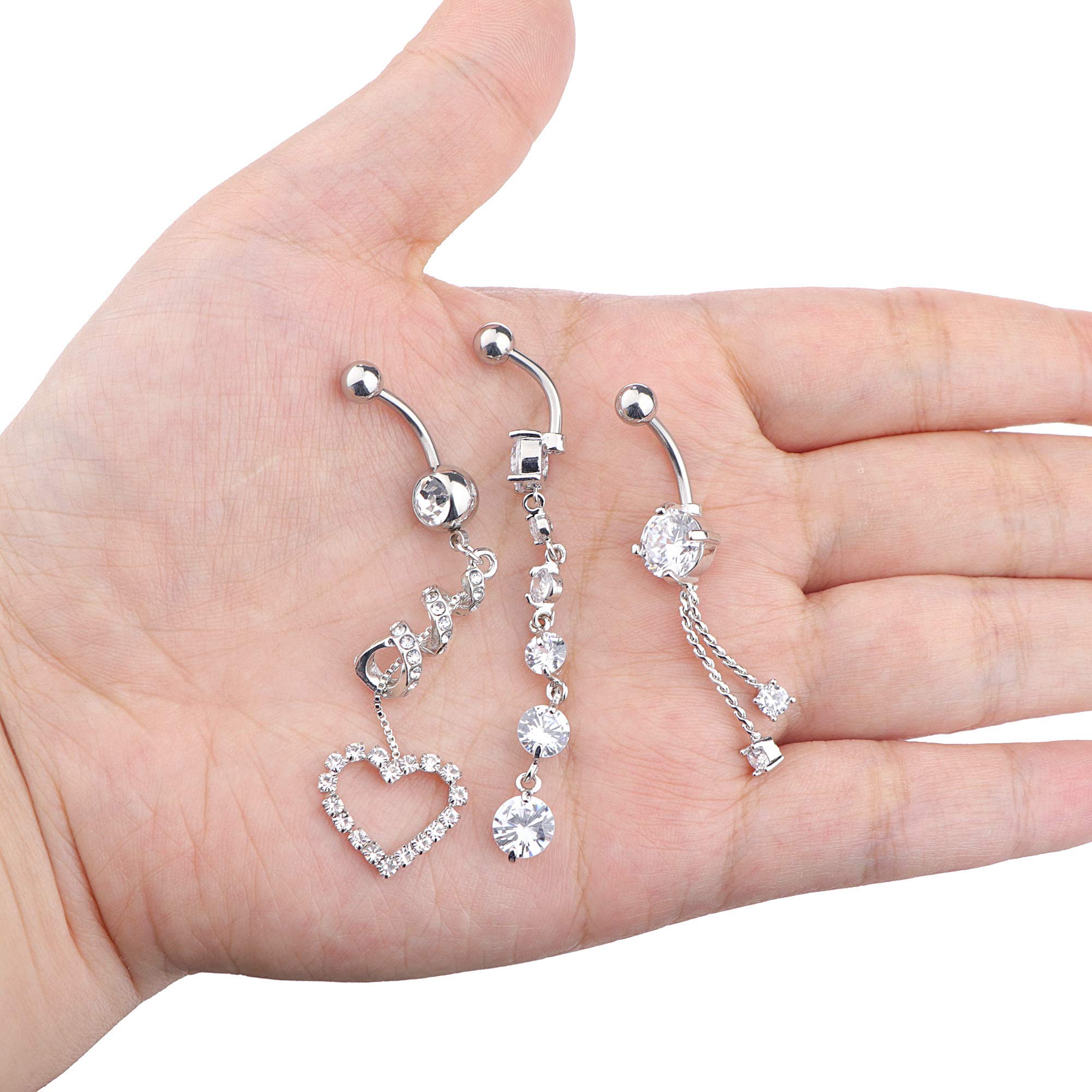 FUNRUN JEWELRY 8PCS 14 G Stainless Steel Dangle Belly Button Ring Navel Piercing Clear CZ Inlay Body Piercing Jewelry Barbell Silver Tone
