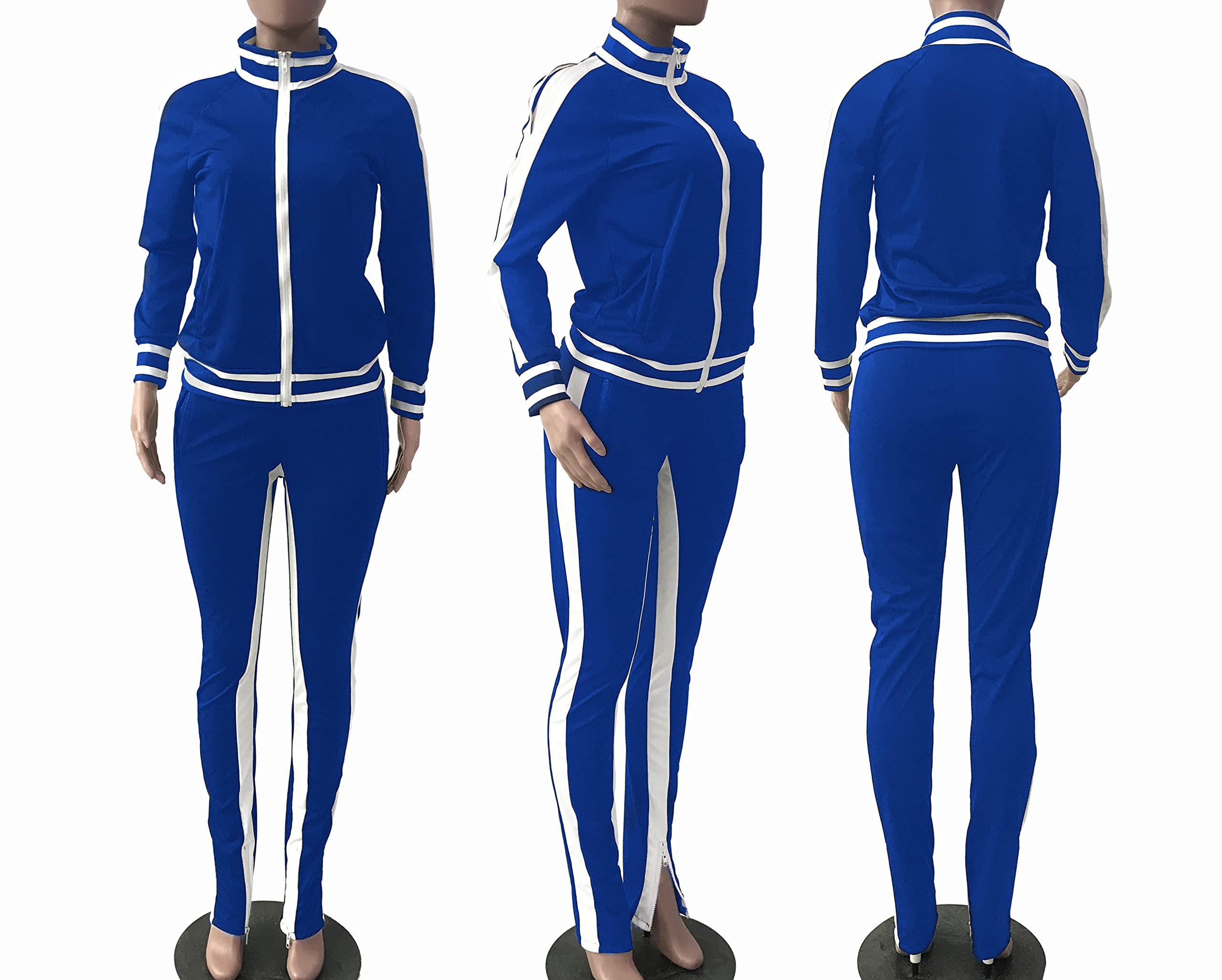 KEYUFANG Off The Shoulder Sweatsuit for Women-Jogging Suits Striped Zipper Jackets+Side Slit Pants Tracksuit Blue White