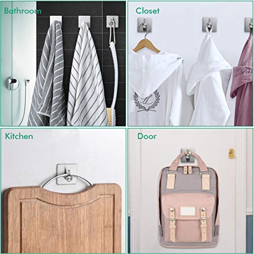TBMax Adhesive Hooks Towel Hook - 4 Pack Heavy Duty Wall Hooks, Stainless Steel Hooks for Hanging Bathroom Robe/Coat/Kitchen Utensil/Bag