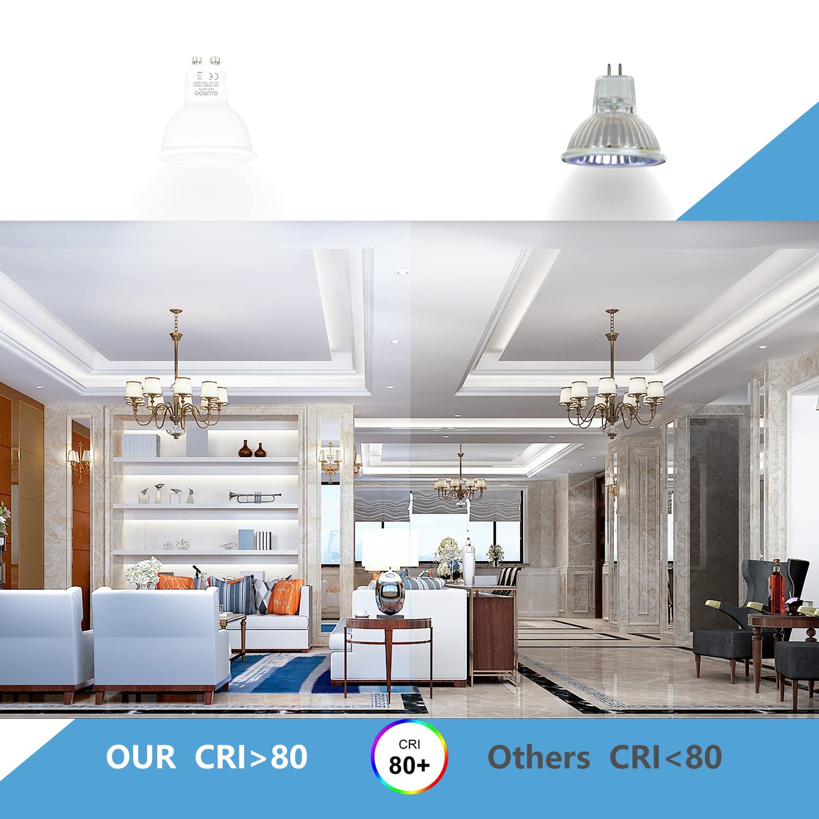 GU10 LED Bulb, GLUROO Light Bulbs, 5000K Daylight White, 500LM, 5W(50W Halogen Equivalent) LED Bulbs, 160° Beam Angle, Track Light Bulb Recessed Light Spotlight for Living Room, Kitchen, 6-Pack