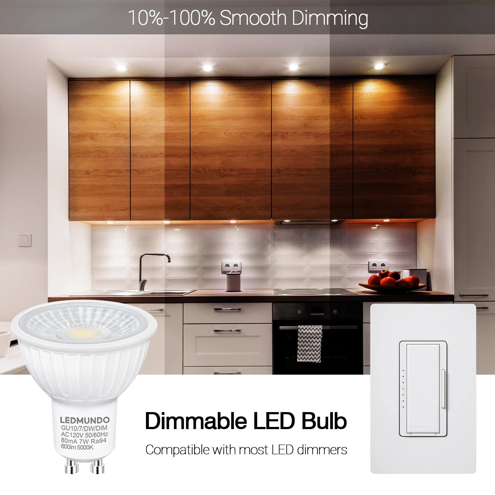 GU10 LED Bulbs Daylight - 7W - 90+CRI - Dimmable - 600LM - 75W Halogen Equivalent - 5000K - GU10 Recessed Lighting Bulb - Track Lighting Bulb - Spotlight Bulb - UL Listed - Pack of 12