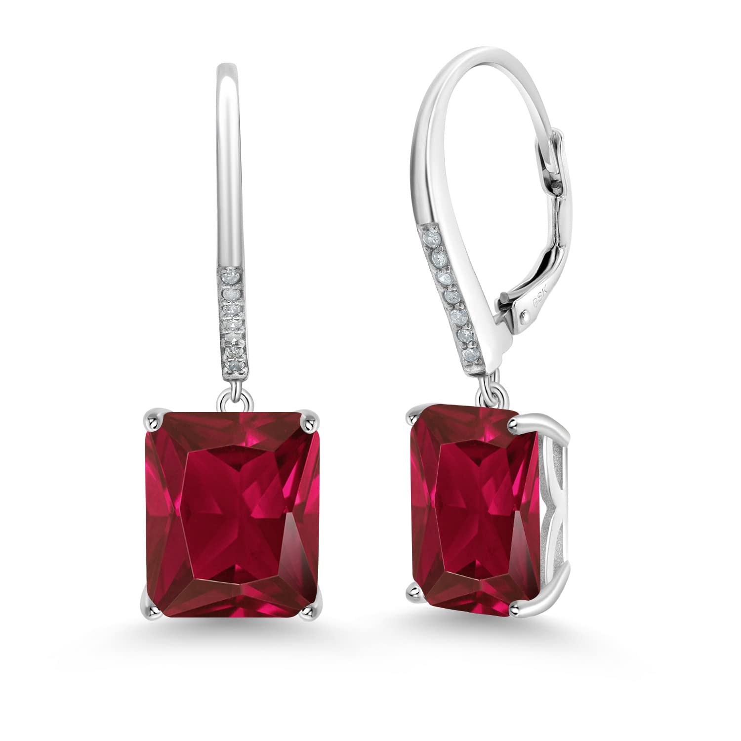 Gem Stone King 925 Sterling Silver Red Created Ruby and White Diamond Dangle Earrings For Women (11.50 Cttw, Emerald Cut 12X10MM)