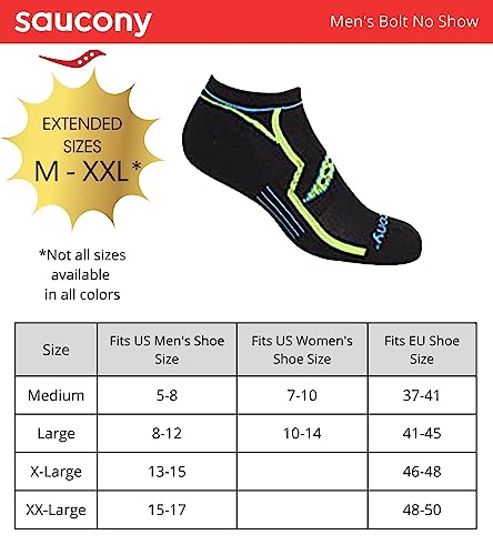 Saucony Men's Multi-Pack Bolt Performance Comfort Fit No-Show Socks, Black (6 Pairs), Shoe Size: 5-8