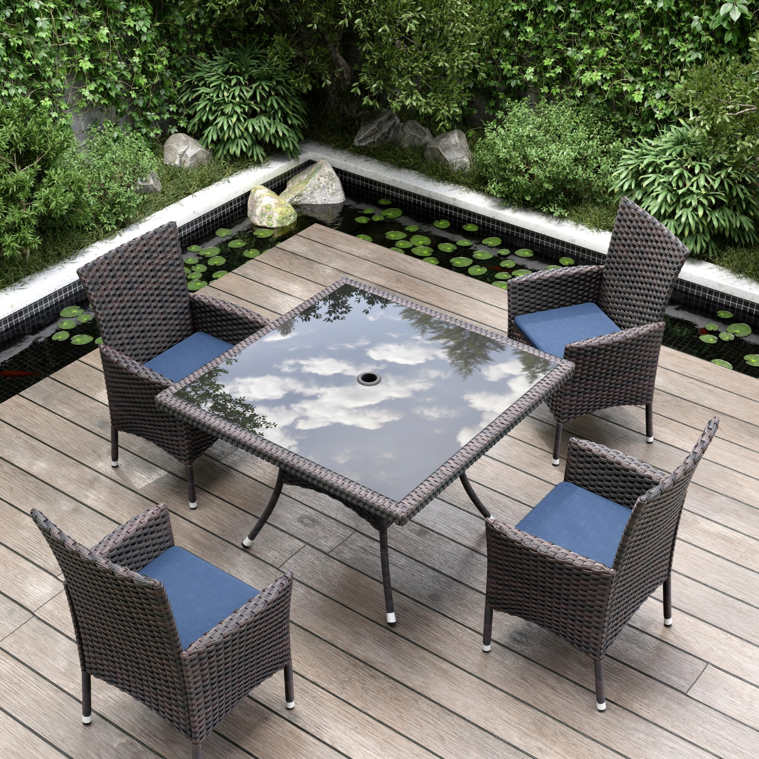 Kurapika 5-Piece Patio Furniture Outdoor Dining Set, Wicker Rattan Patio Dining Table and Chairs Set, Square Tempered Glass Tabletop with Umbrella Hole and 4 Chair Set, Navy Blue