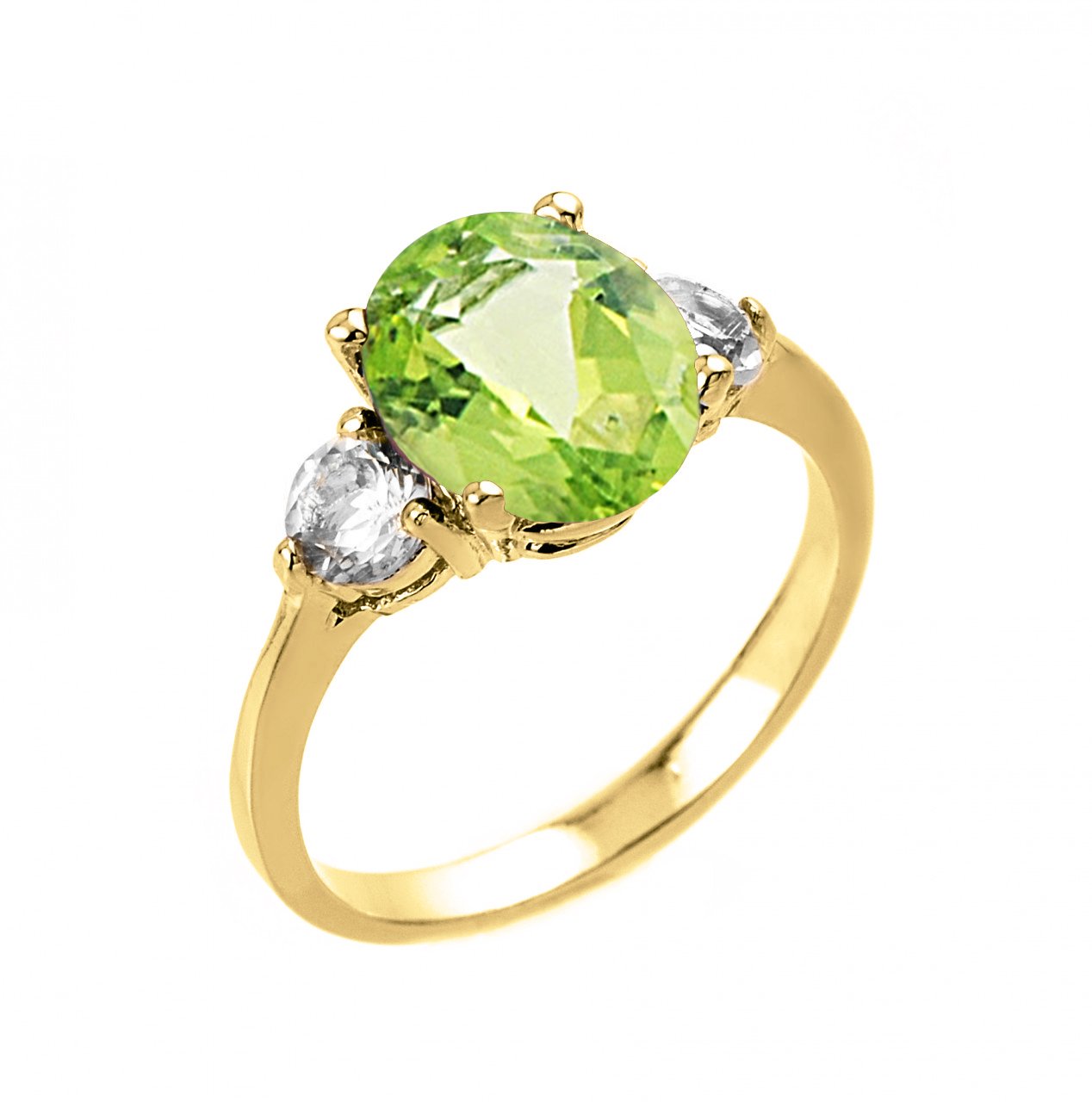Elegant 14k Yellow Gold Oval Shape Peridot with White Topaz 3-Stone Engagement Ring (Size 7)