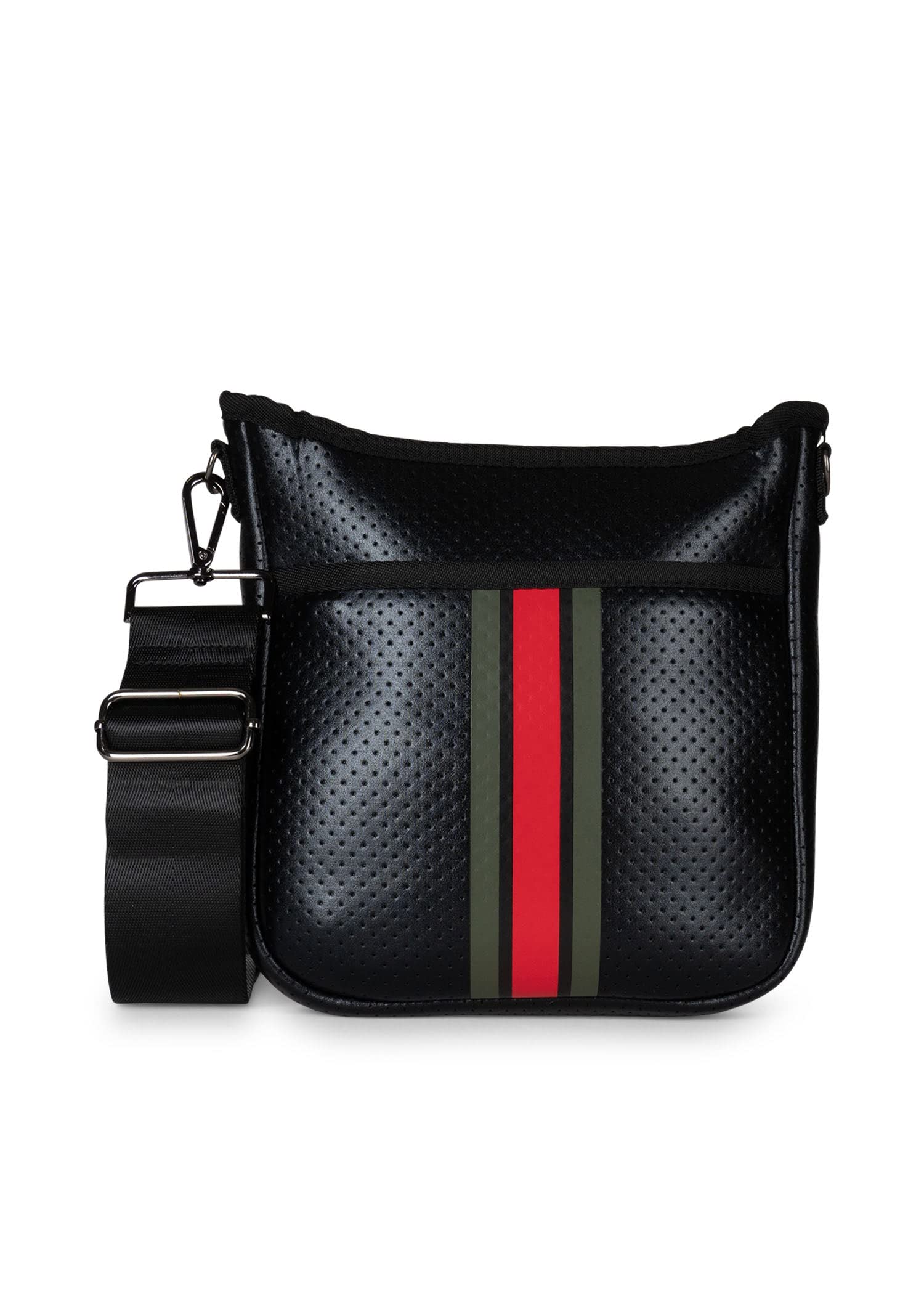Haute Shore - Jeri Bello Crossbody Tote, Black Coated W/Olive, Black, & Red Stripe