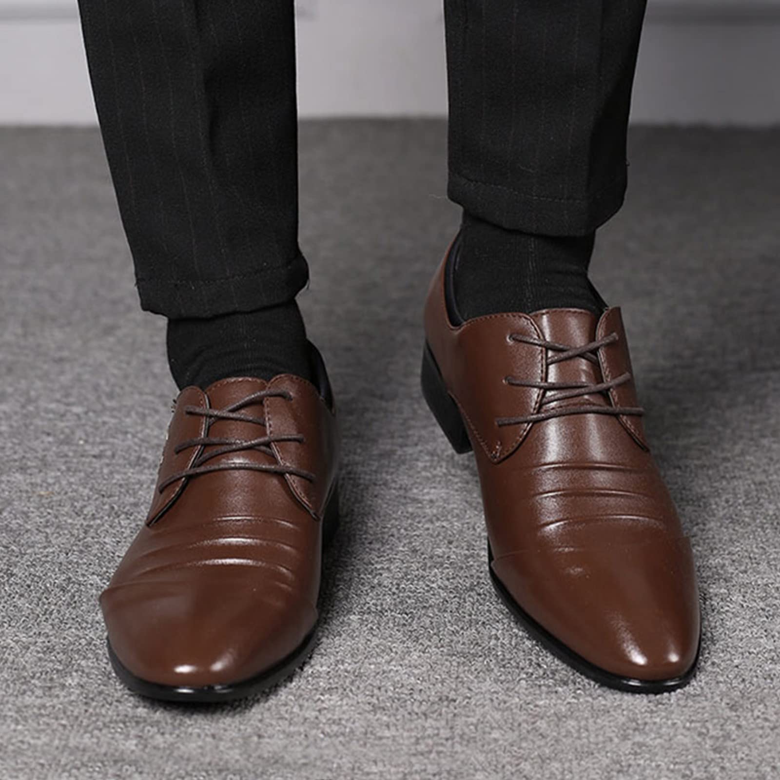 FASDNENDYS Fashion Summer and Autumn Men Leather Shoes Low Heel Pointed Toe Lace Solid Color Business Style Mens Snow Boots Tall Brown