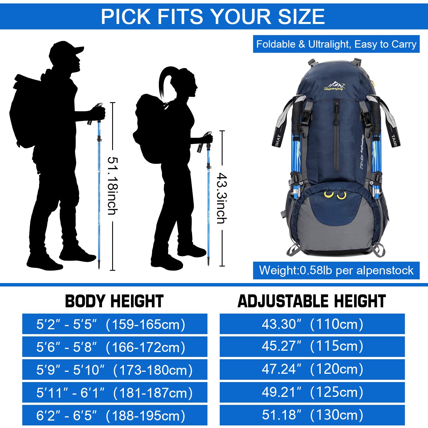 Esup Trekking Poles Collapsible for Hiking Aluminum Alloy 7075 Hiking Poles 2pc Pack Adjustable Quick Lock for Hiking, Camping, Outdoor (Black)