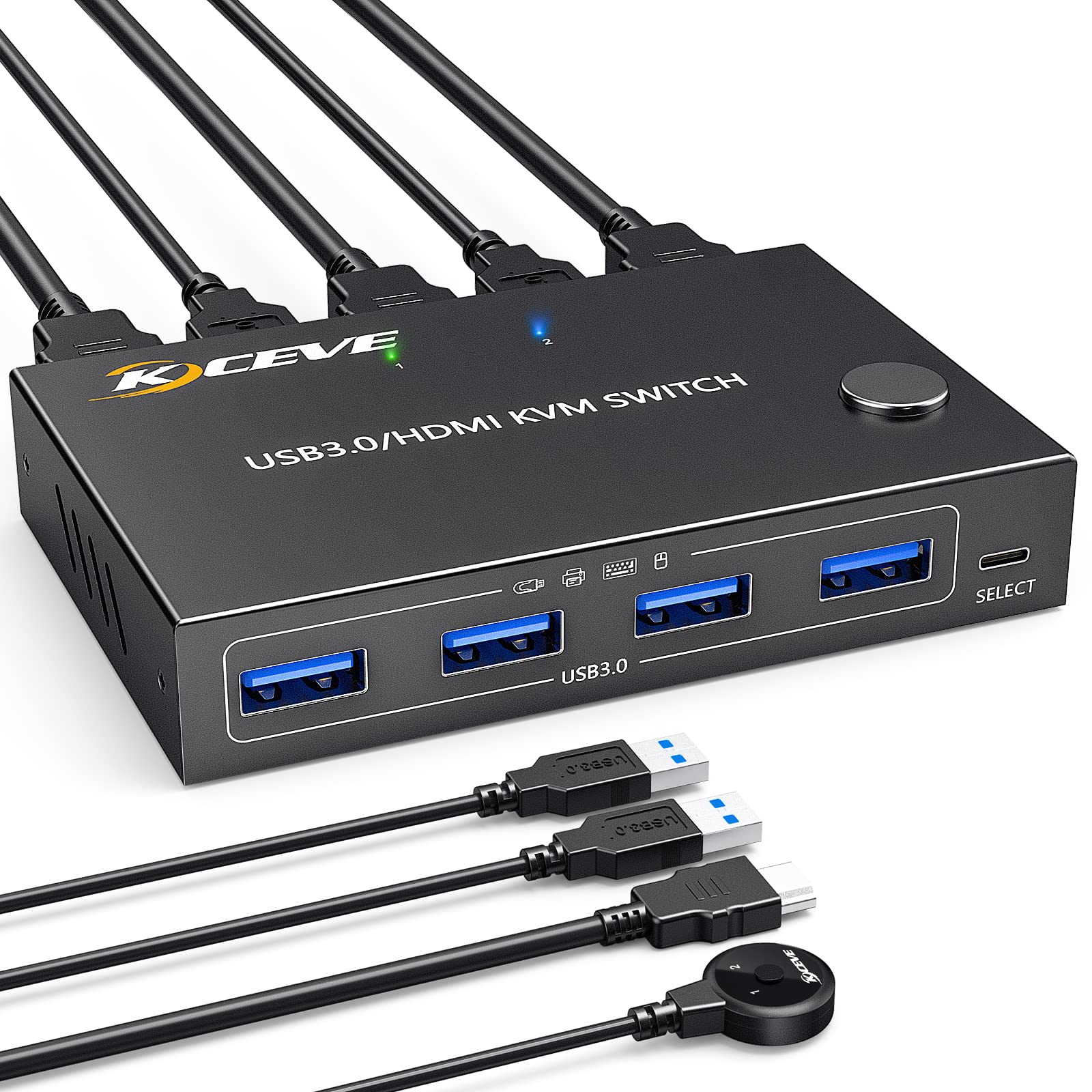 KVM Switch HDMI 2 Port, USB 3.0 KVM Switcher Selector Box Support 4K@60Hz Resolution for 2 Computers Share Mouse Keyboard and Monitor