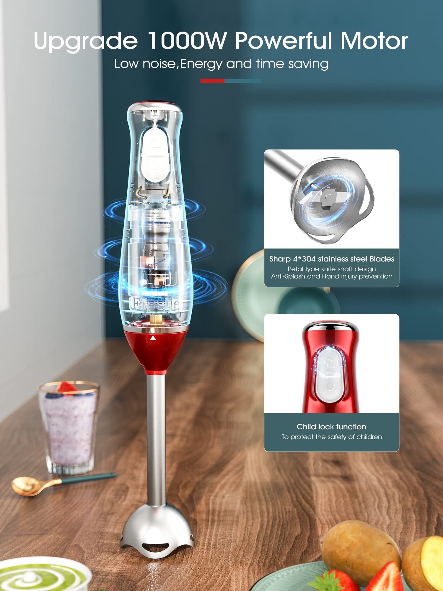 Facelle Hand Blender 1000W, 4-In-1 Immersion Electric Handheld Blender, Stick Blender Set with Chopper, Beaker, Whisk for Smoothie, Baby Food, Sauces Red, Puree, Soup