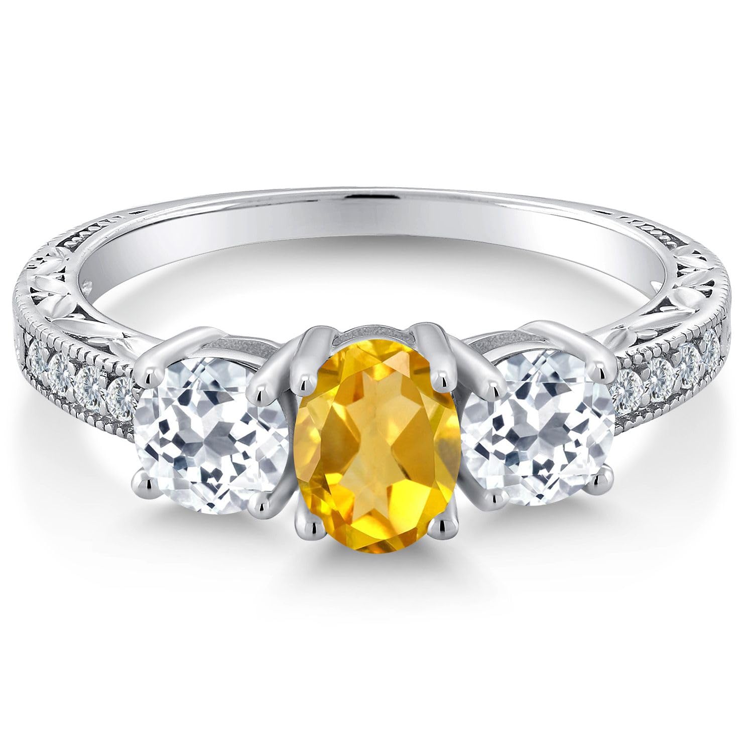Gem Stone King 925 Sterling Silver Yellow Citrine and White Topaz 3 Stone Ring For Women (1.72 Cttw, Gemstone Birthstone, Available In Size 5, 6, 7, 8, 9)
