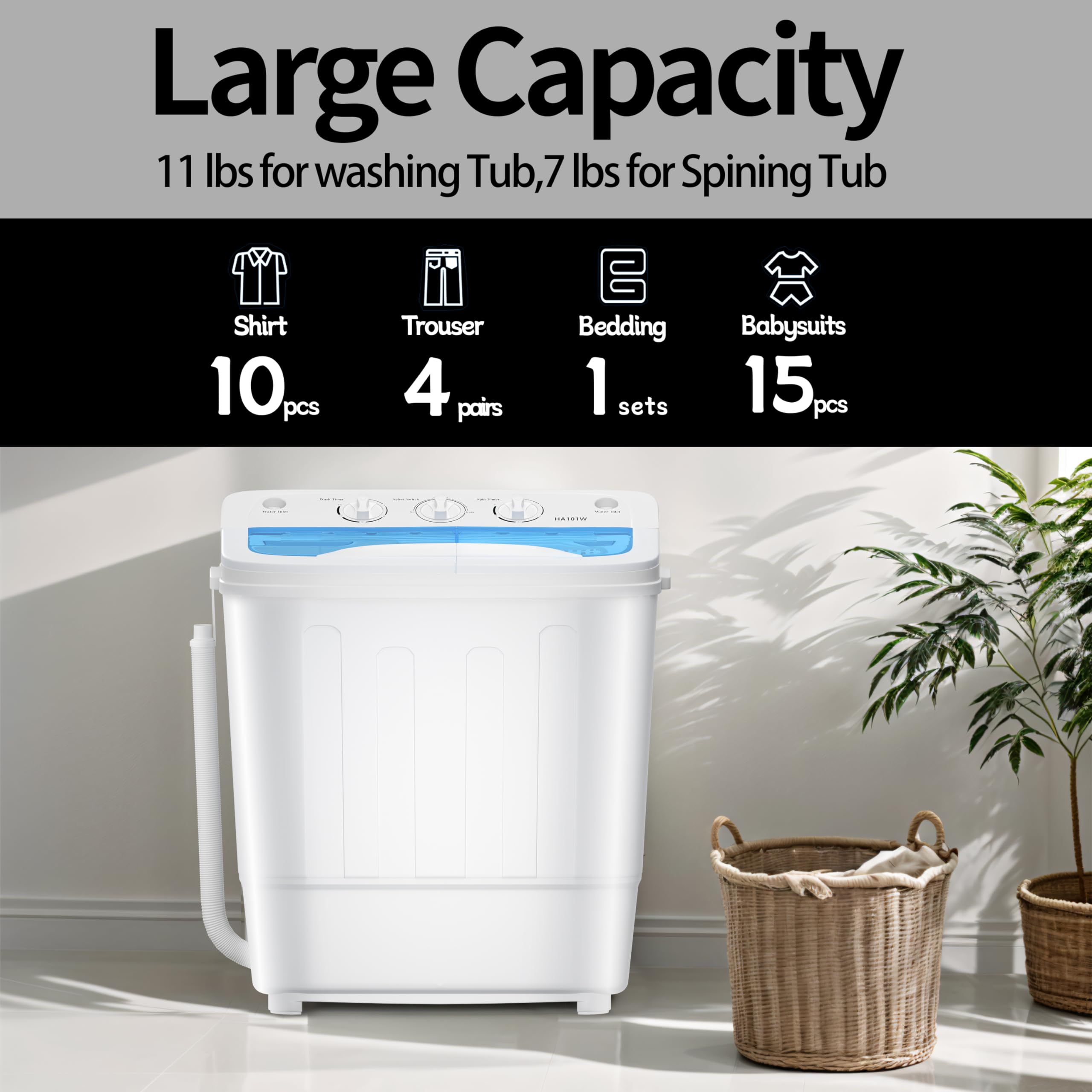 Sportpulse 18lbs Compact Mini Twin Tub Washing Machine with Drying Rack, 11lbs Portable Laundry Washer and 7lbs Spinner, Convenient and Efficient for Dorms, Apartment