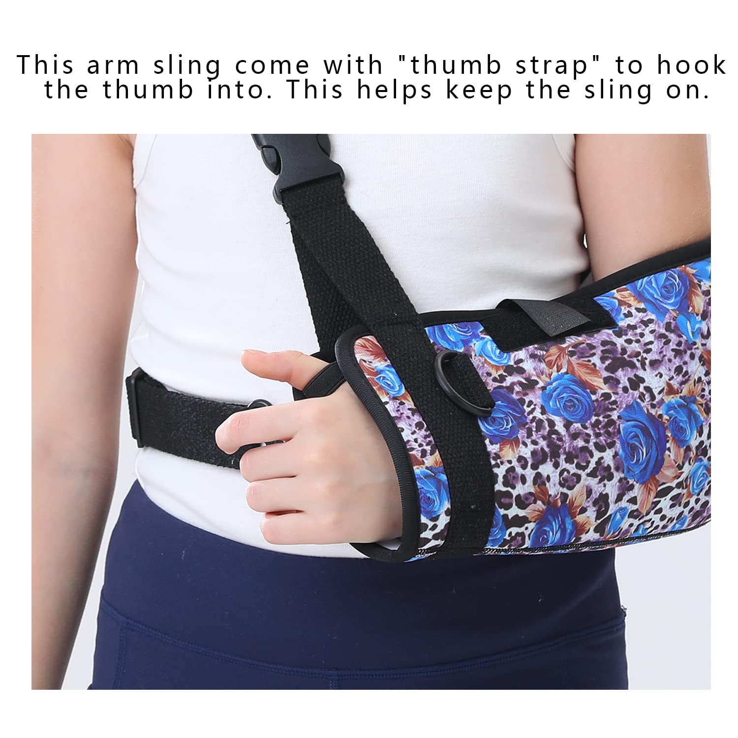 Fotgok Foam Arm Sling Elbow Brace Support with Waist Strap Shoulder Sling Rotator Cuff Brace for Shoulder Injury for Kids , for Broken, Dislocated, Fracture, Blue Rose Leopard, Large