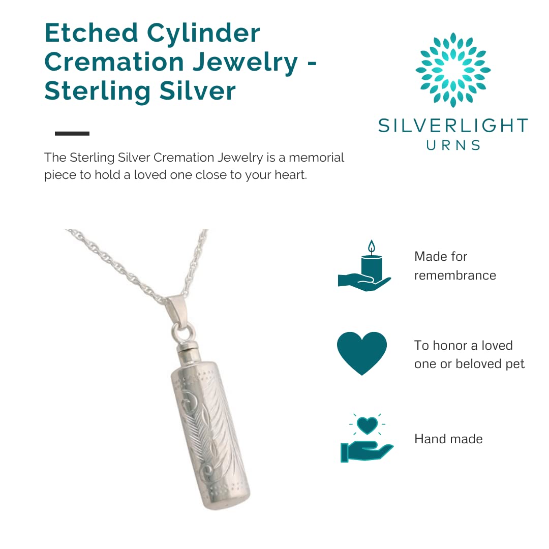 Etched Cylinder Pendant and Necklace for Ashes, Sterling Silver, Cremation Jewelry for Ashes
