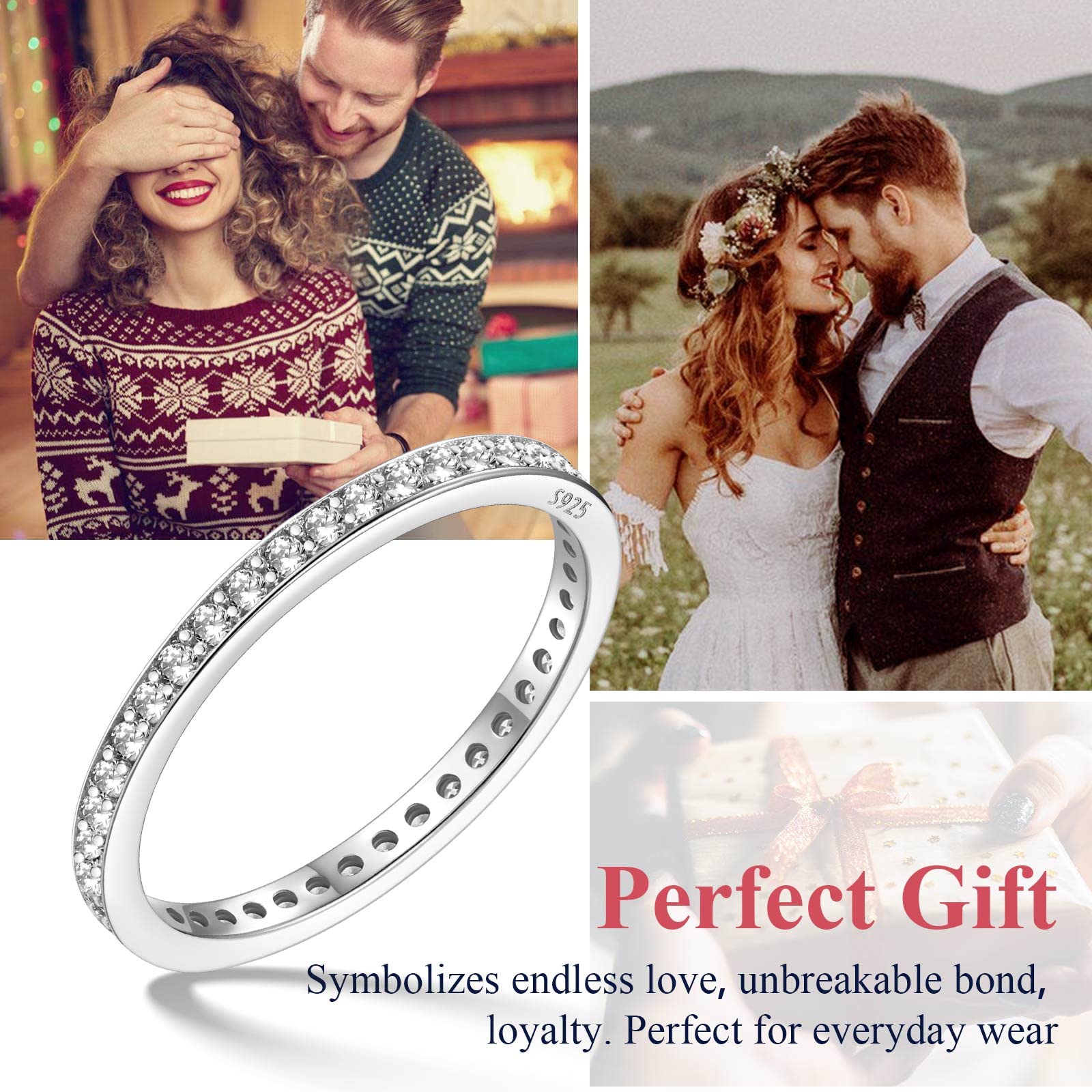 FindChic Sterling Silver Wedding Band Rings for Women, Thin CZ Stackable Eternity Ring, Fake Diamond Ring Size 7 Bling Jewelry