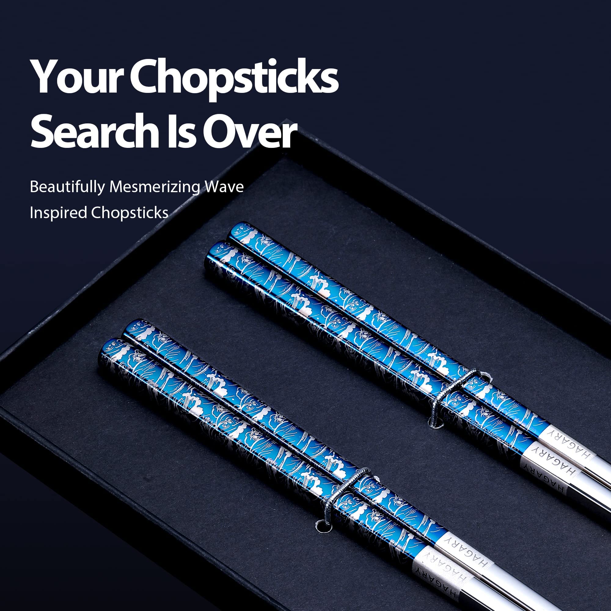 Hagary Blue Wave Chopsticks 2 Pairs Metal Chopsticks Reusable Designed In Korea Japanese Style Stainless Steel 316 18/10 Non-Slip Dishwasher Safe