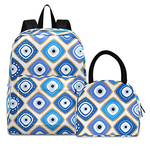 FOLIOSA Kid's Backpack Lunch Bag Set Square Evil Eye Print, Large Capacity Insulated Scratch-Resistant Backpack with Lunch Kit for School Work Suits for 6+ Years Teenager Boys Girls