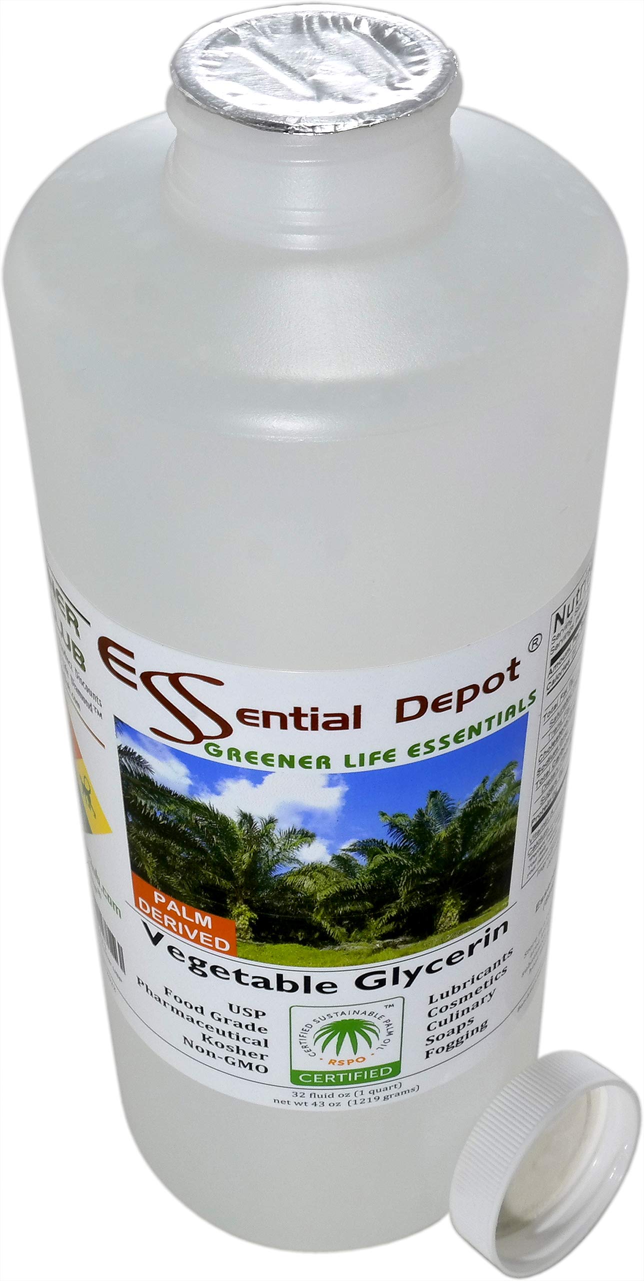 Glycerin Vegetable - 1 Quart (43 oz.) - Non GMO - Sustainable Palm Based - USP - Kosher - Pure - Pharmaceutical Grade - Safety Sealed HDPE Container with resealable Cap
