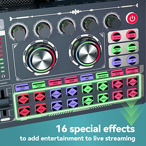 KILOGOGRAPH F999 Podcast Sound Board - Audio Mixer with Effects, Audio Interface for PC Mac iOS Android, Sound Card, Live Streaming Podcasting Recording, LED Light, DJ Mixer, Soundboard, Voice Changer