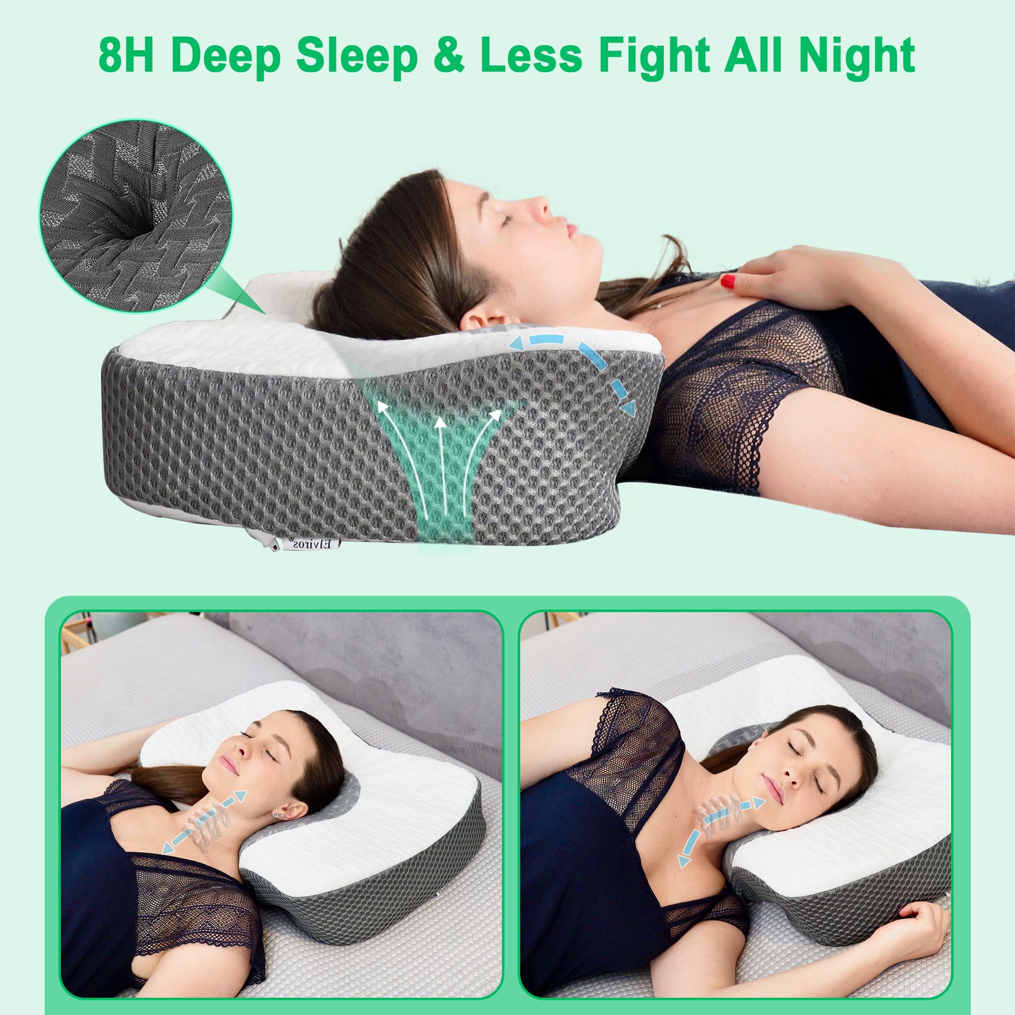 Elviros Cervical Neck Pillow, Contour Memory Foam Pillows for Pain Relief Sleeping, Adjustable Orthopedic Ergonomic Bed Pillow for Back and Stomach Sleepers (White)