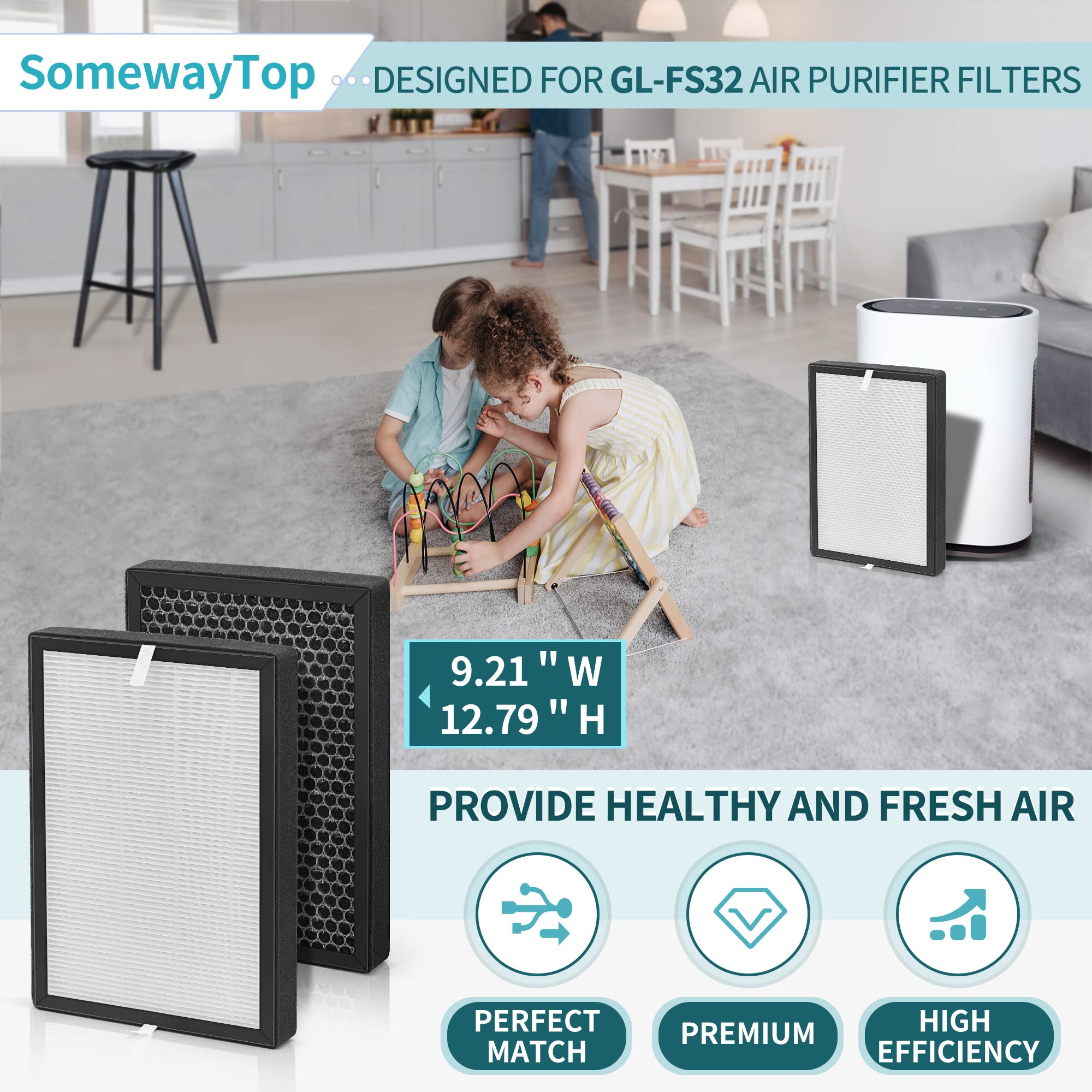 GL-FS32 Replacement Filter Compatible with Mooka Air Replacement Filter and AZEUS/KOIOS Air Purifiers 3-IN-1 Air Cleaner for Home FS32 True HEPA, Pre-filter and Activated Carbon, 2 Packs
