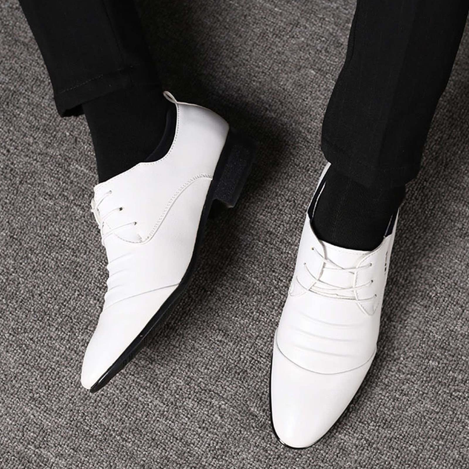 FASDNENDYS Fashion Summer and Autumn Men Leather Shoes Low Heel Pointed Toe Lace Solid Color Business Style Men Snow Boots Size 12 White