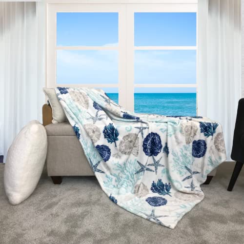 Ocean Life Coastal Throw Blanket: Soft Plush Velvet Fleece Calming Hues of Blues Beige on White, Accent for Sofa Couch Chair Bed or Dorm (Coastal Shells)